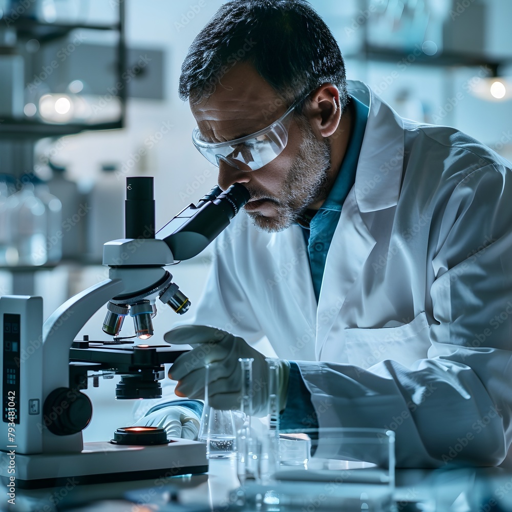 Scientist uses a microscope while working in a medical lab Stock Photo ...