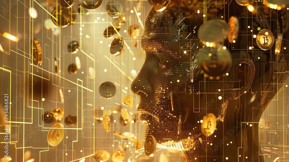 A surreal depiction of Generative AI with gold coins and bullion in a ...