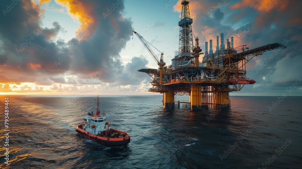 Offshore Oil Rig with Supply Vessel at Sunset. Sun sets on an offshore ...