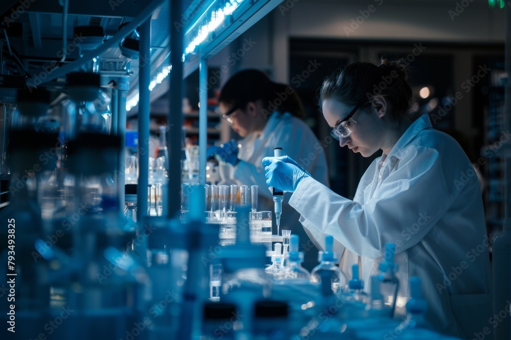 Professional Photography of a team of engineers conducting experiments ...