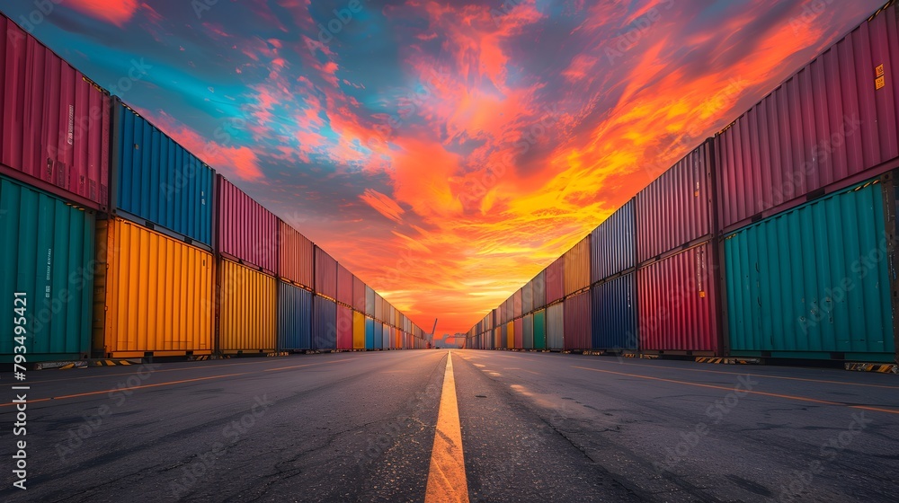At sunset, colorful shipping containers, with a cargo container ship ...
