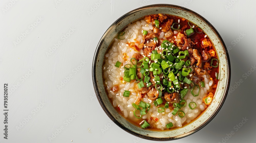 Top view culinary advertisement of Congee, a comforting bowl of Chinese ...