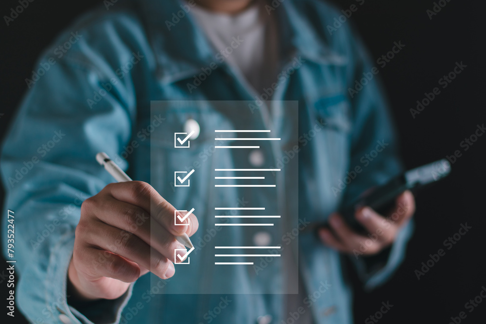 Foto de Stock Check list concept. Businessman tick off questionnaire ...