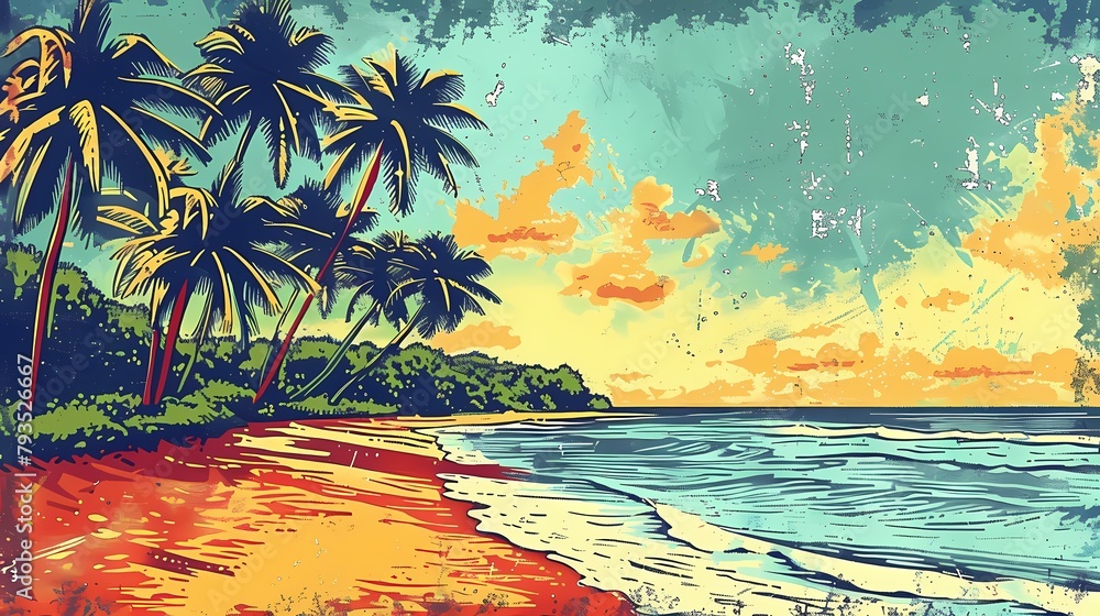 Retro beach palm trees scene illustration poster background Stock ...