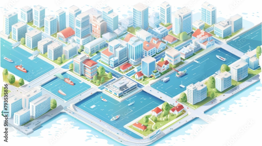 Isometric map or scheme of city with downtown, industrial district ...