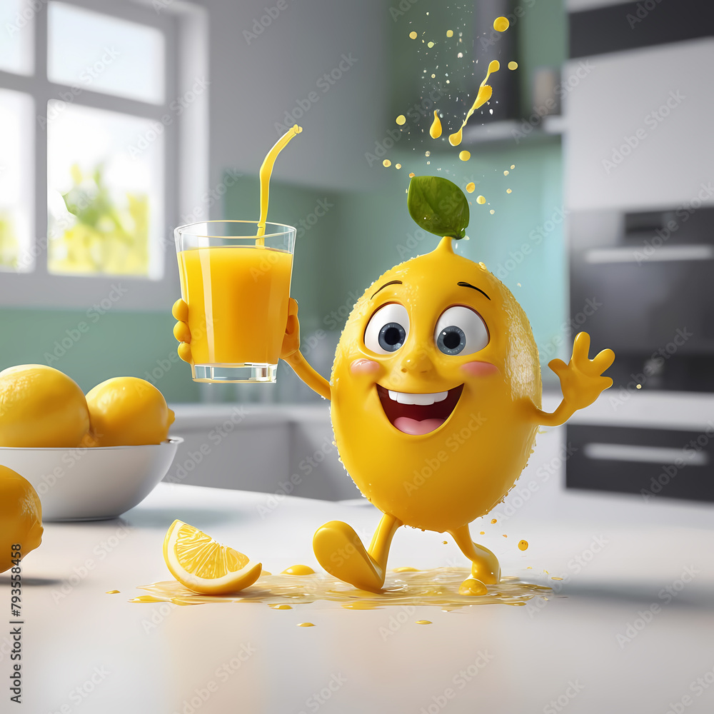 Cartoon funny lemon character with smile holding a glass of juice ...
