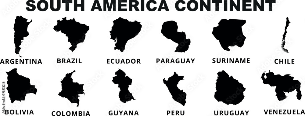 South American countries map vector, black map silhouettes, white ...
