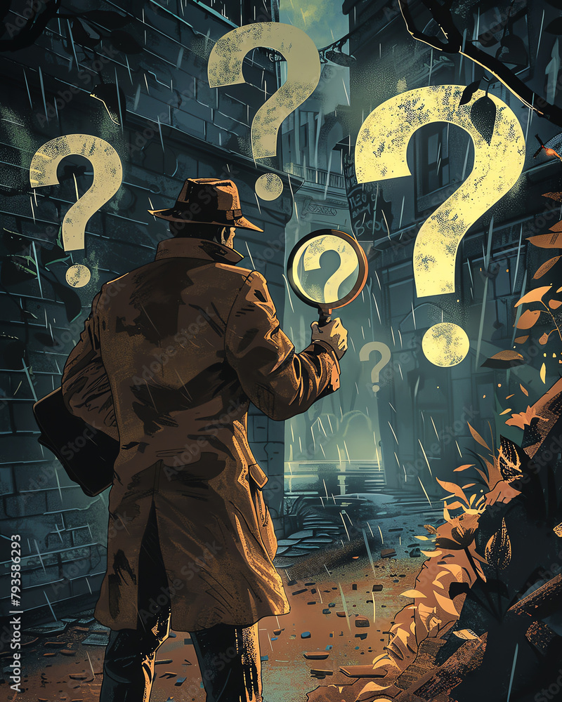 Cartoonstyle detective with a magnifying glass, examining a trail of ...