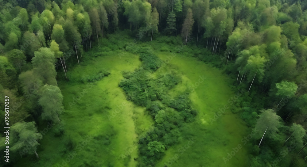 An Aerial top down view of a green forest with human footprint in the ...