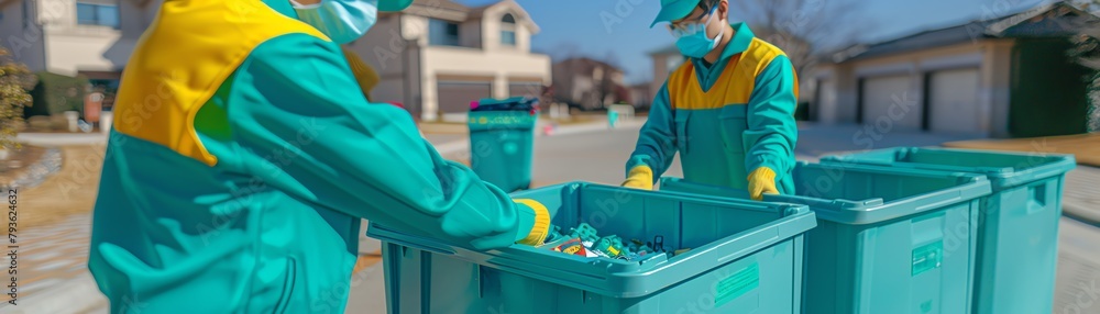 City workers in green uniforms collecting recyclable materials from ...
