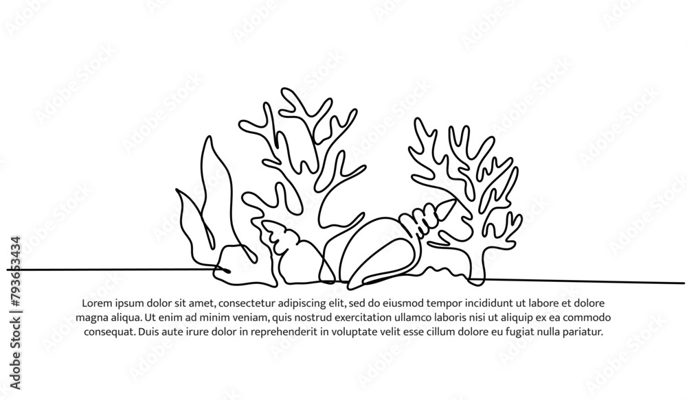 Continuous line design of the beauty of coral reefs and coral snails ...