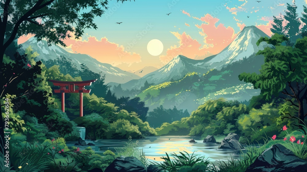 japanese landscape with anime style backgrounds Stock Illustration ...