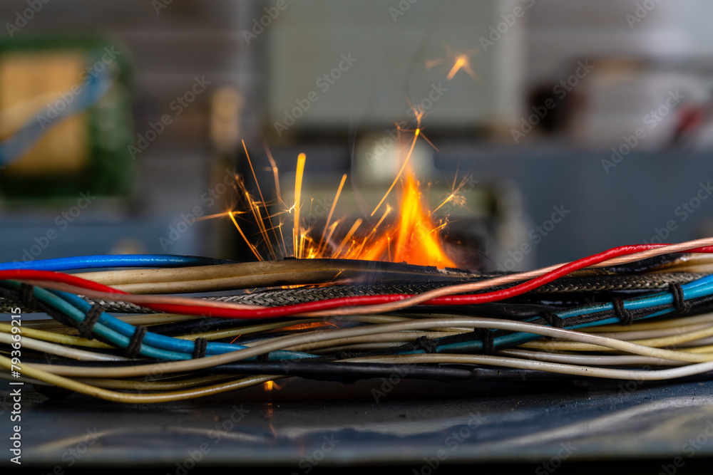 Flames, sparks, smoke between electrical cables, closeup. Short circuit ...