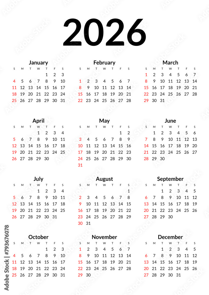 2026 Calendar year vector illustration. The week starts on Sunday ...