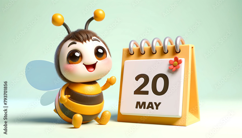 A cartoon bee is standing in front of a calendar with the date 20 May ...