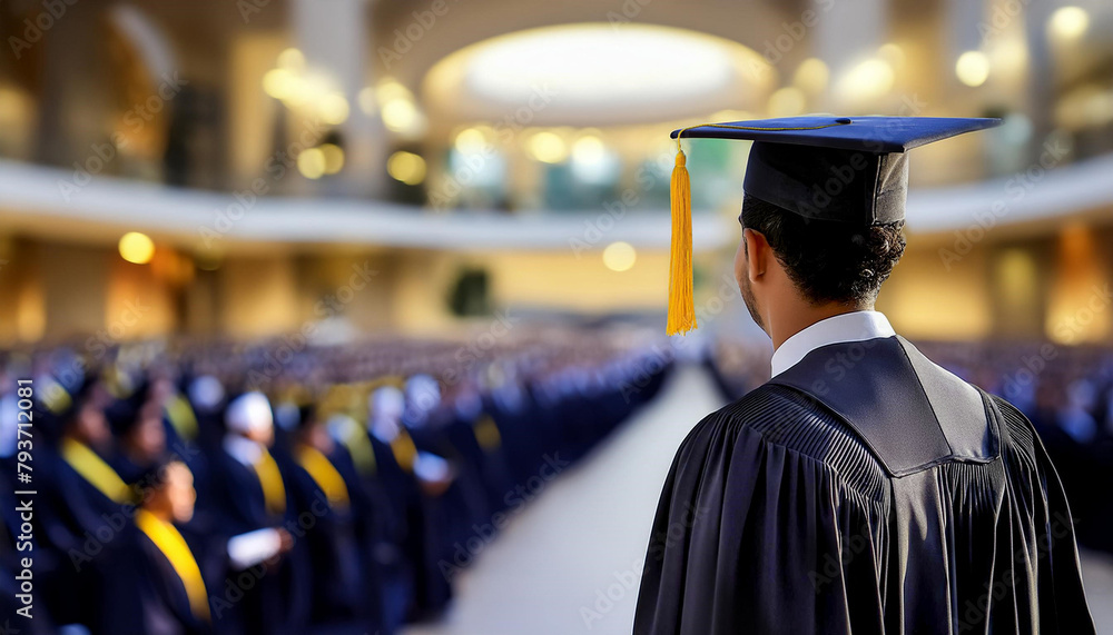University graduates standing in a row to get degree. view of ...