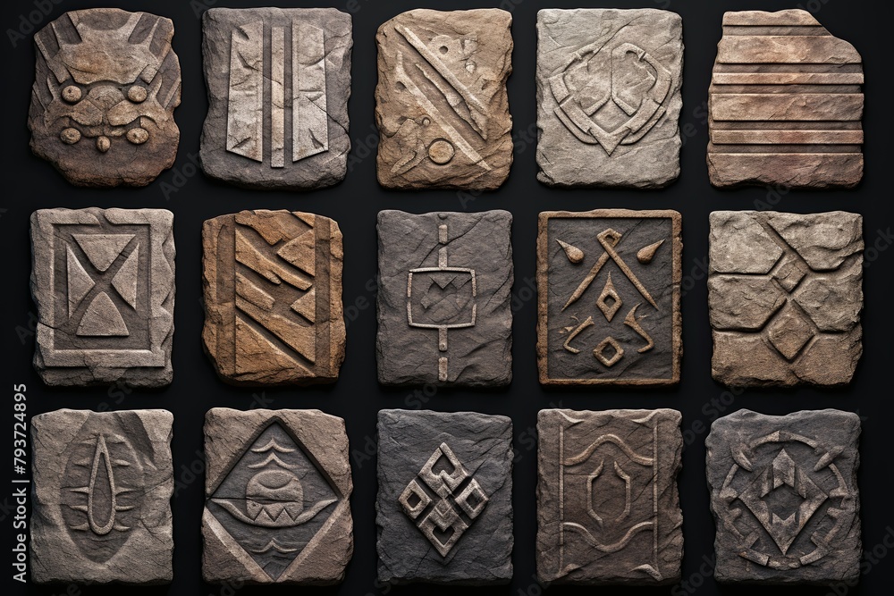 Engraved Stone Textures: Ancient Runes Iconography Digital Image Stock ...