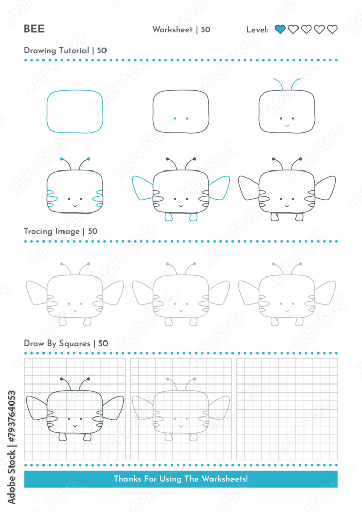 How to Draw Doodle Animal Bee, Cartoon Character Step by Step Drawing ...