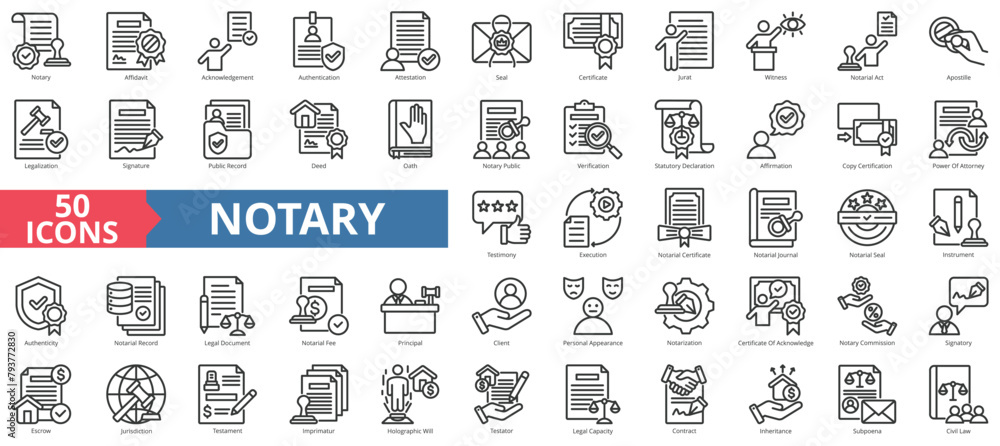 Notary icon collection set. Containing affidavit, acknowledgement ...