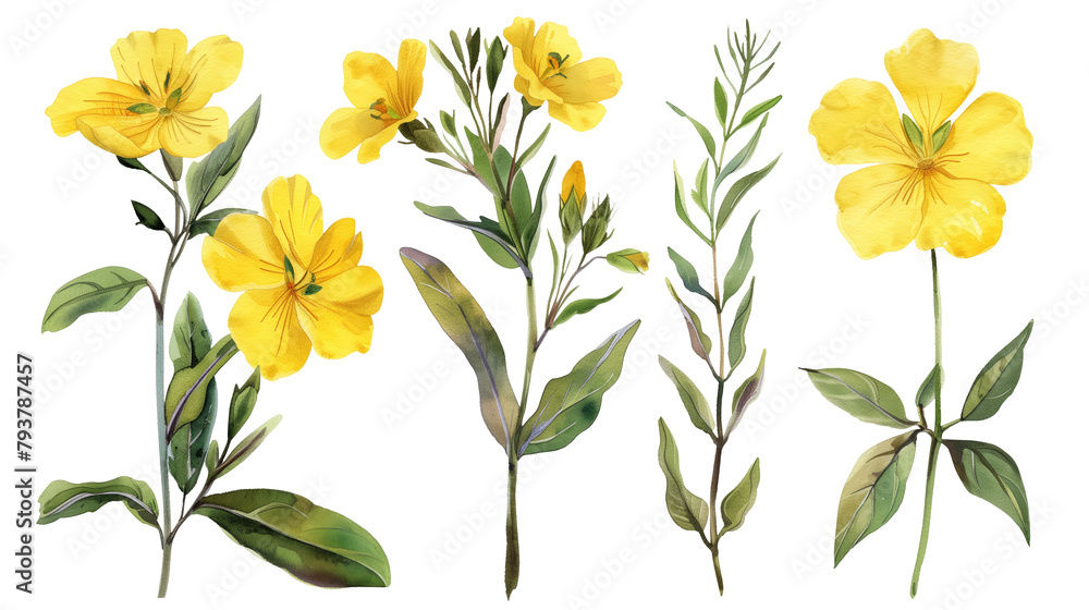 Set of evening primrose flowers watercolor clipart isolated on white or ...