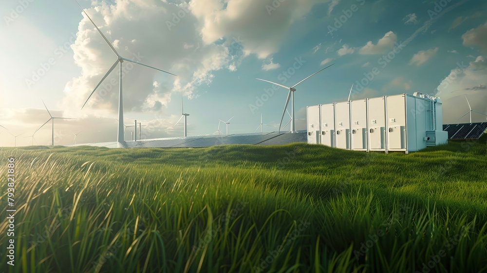 Modern battery energy storage system with wind turbines and solar in ...