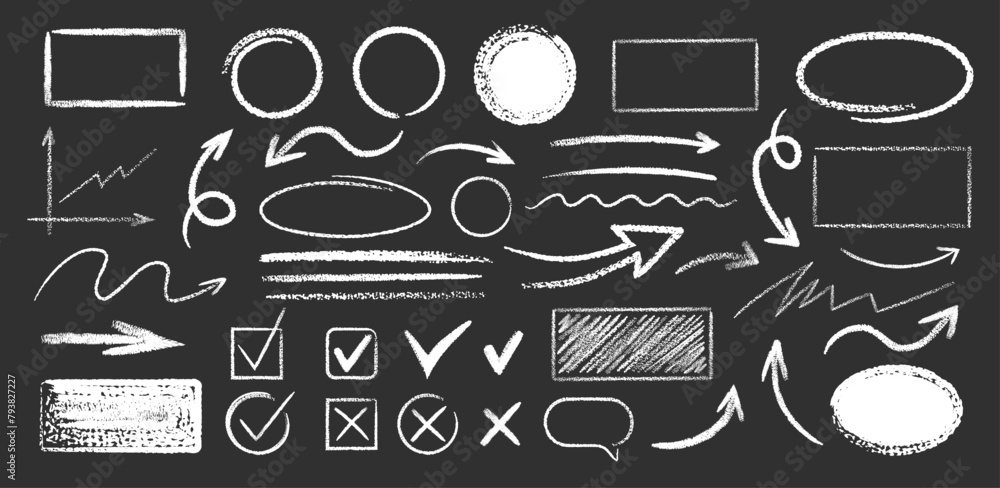 Set of white hand drawn grunge doodle spiral and curved charcoal, chalk ...