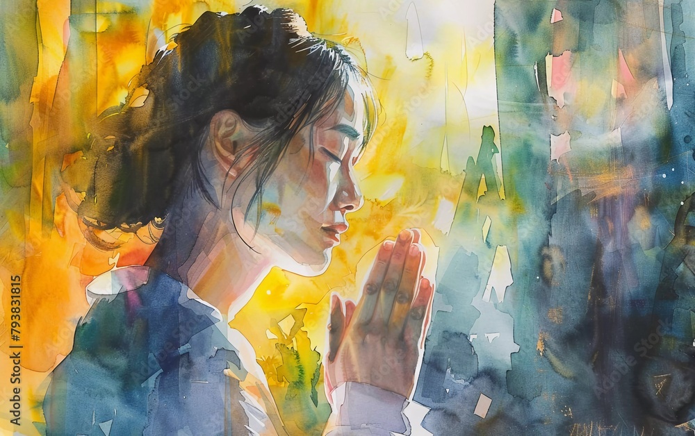 Christian worship and praise. A beautiful girl is praying and ...