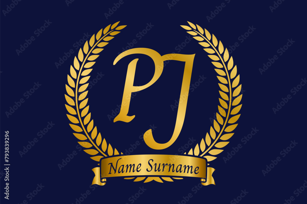Initial letter P and J, PJ monogram logo design with laurel wreath ...