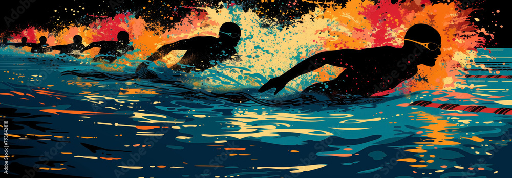 Swimming sport illustration. Silhouette of male swimmers and splash ...
