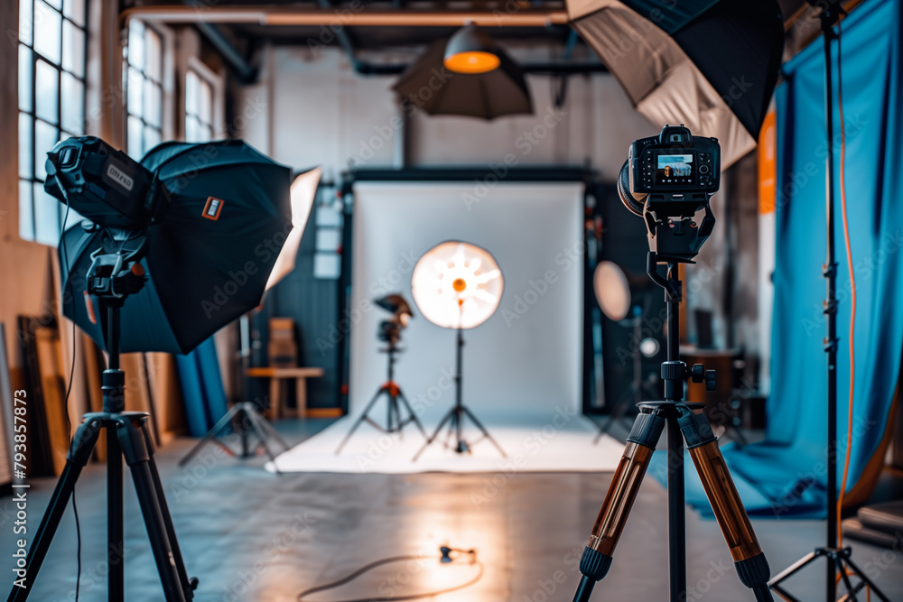 Camera equipment set up in a studio with soft lighting, AI-generated ...
