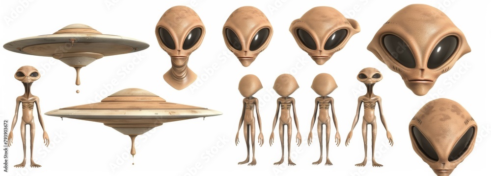 Aliens and ufo set objects and design elements in retro sci-fi ...