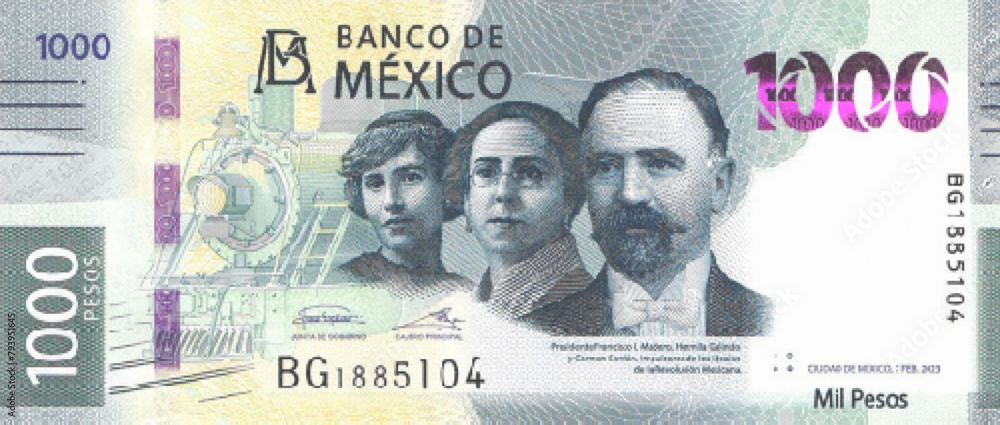Vector obverse high polygonal pixel mosaic banknote of Mexico. Front ...