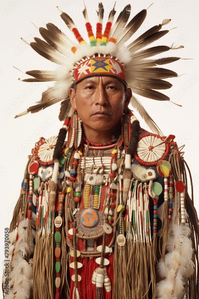 Indigenous one man in traditional regalia with feather headdress ...