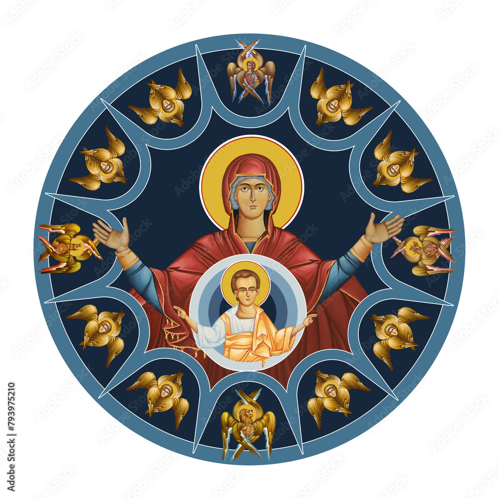 The Holy virgin Mary with Jesus Christ sky round dome with 4 apostles ...
