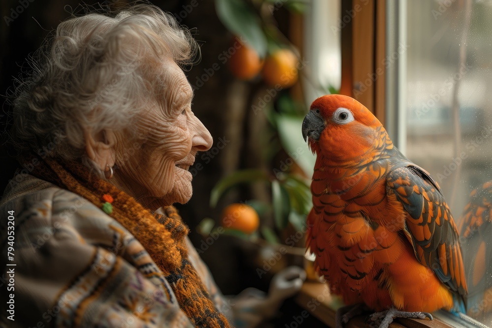 An elderly person smiling at a robotic parrot that mimics speech and ...