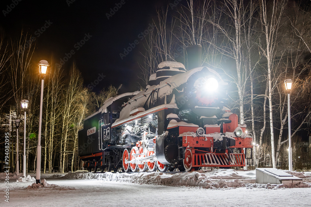 Tynda, Amur region, Russia - January 21, 2024. Steam locomotive ...