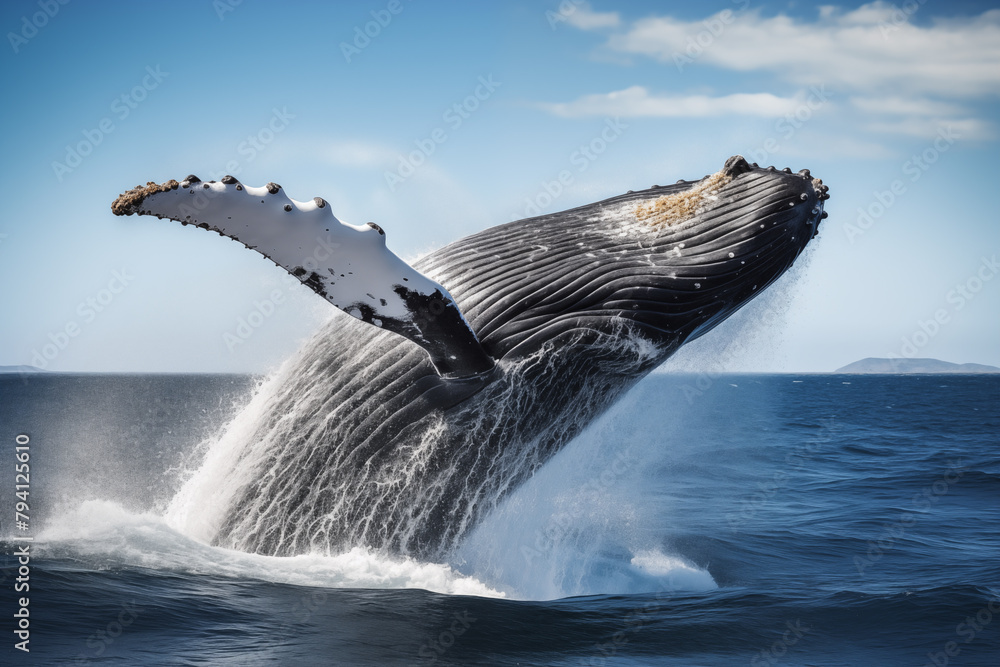 Graceful humpback whale breaching out of the ocean waters, its massive ...