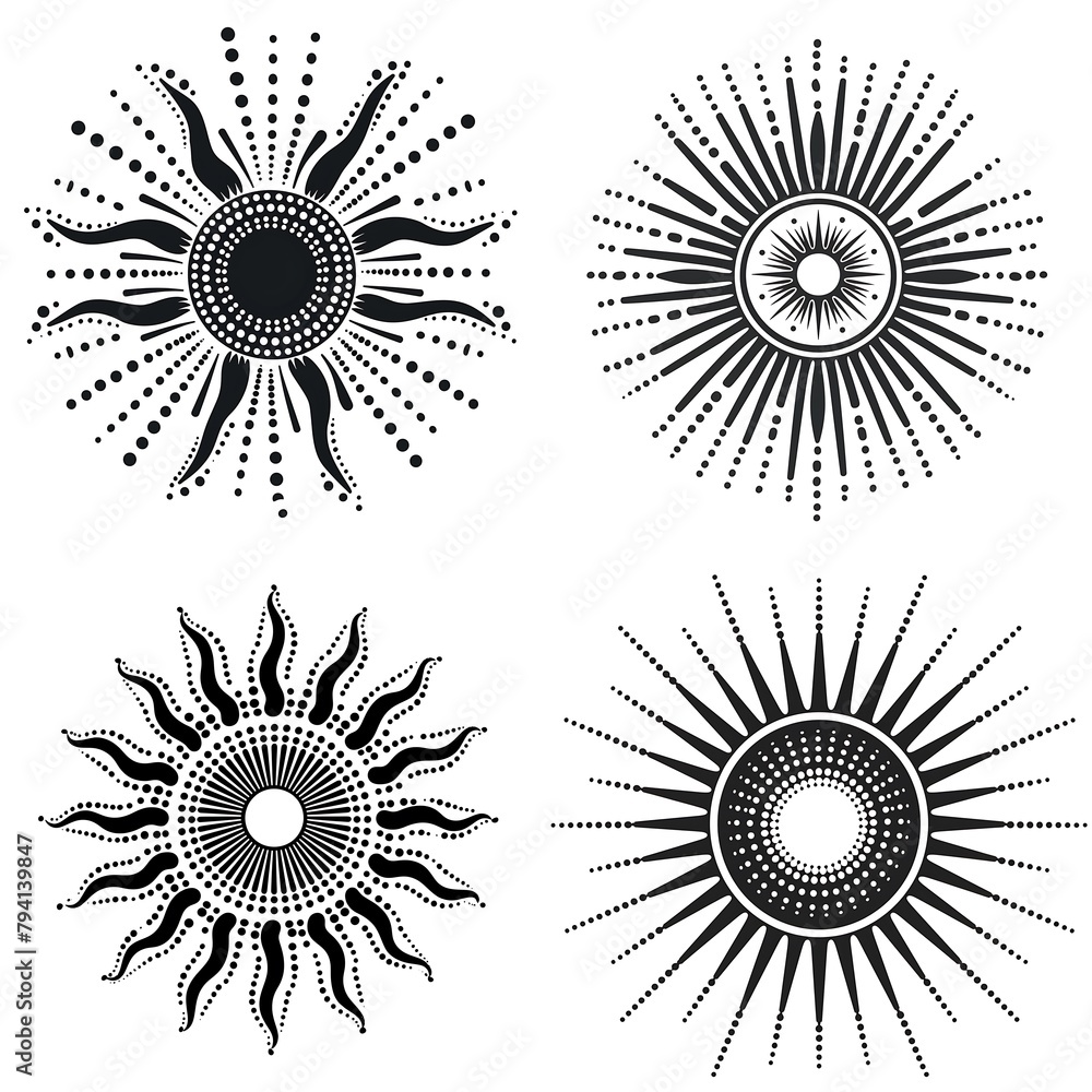 vector designs of sun rays, simple shapes, dot art patterns, bold black ...
