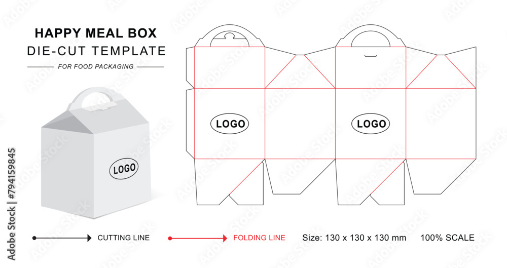Happy meal box die cut template with 3D blank vector mockup for food ...