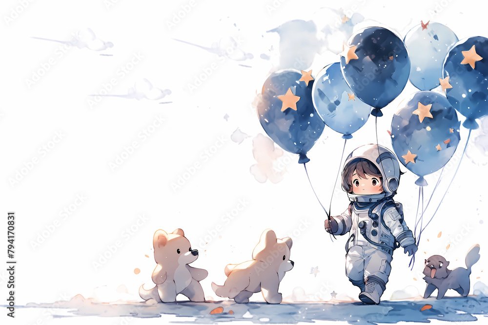 watercolor illustrations of a cute little boy wearing spacesuit explore ...