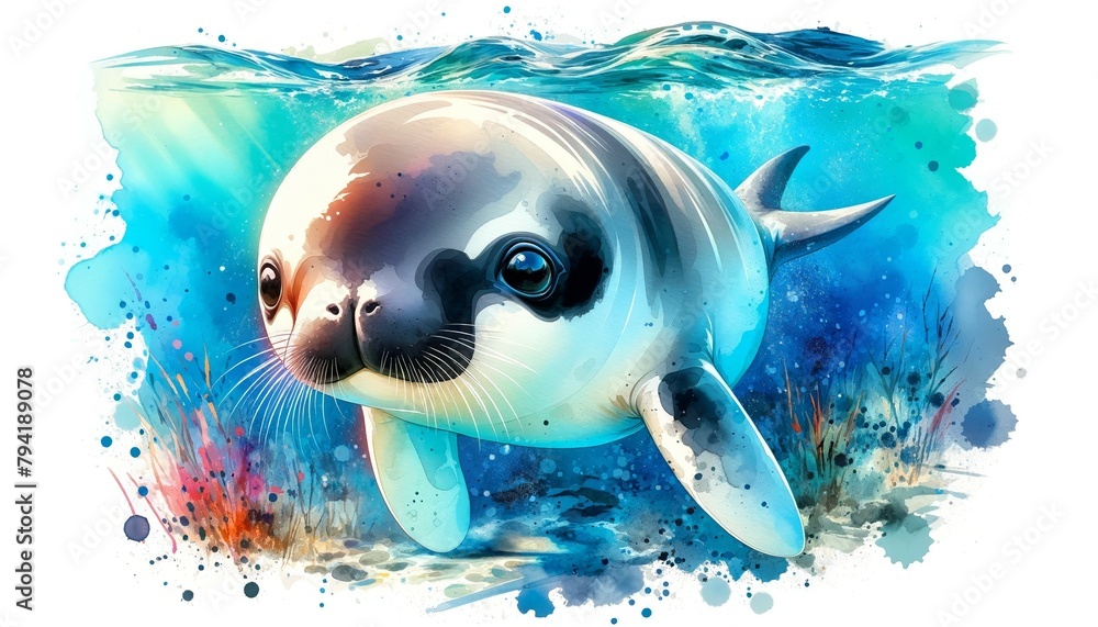 A watercolor painting of a Vaquita (Phocoena sinus) in the Gulf of ...