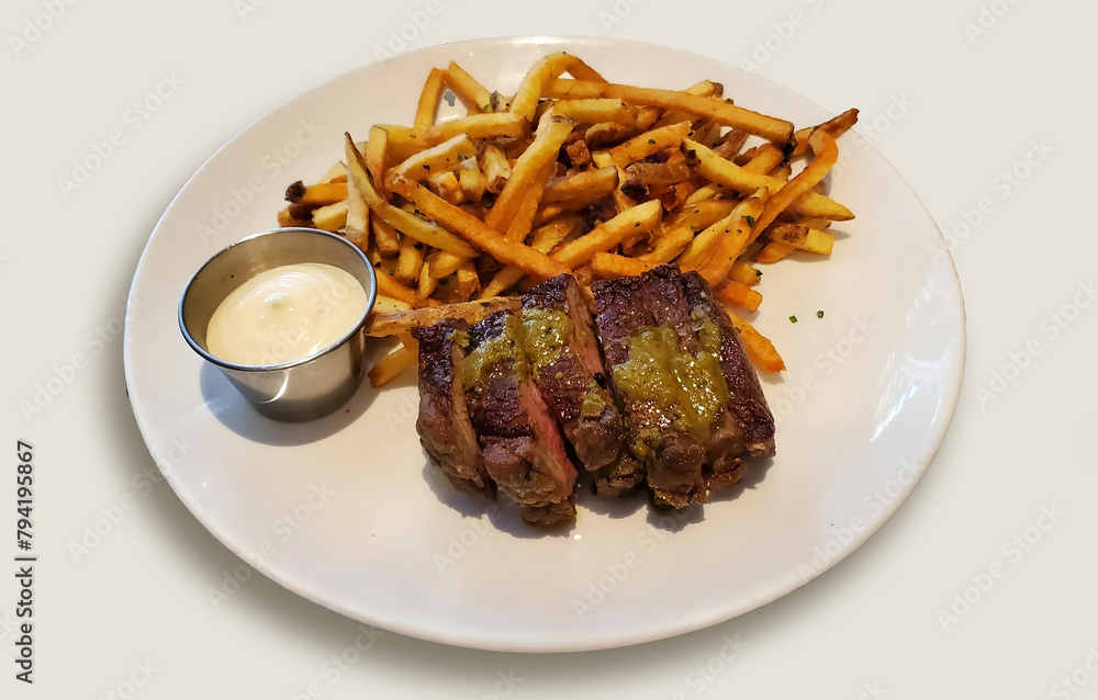plate of steak and frites, beef, steak, striploin, tender, juicy ...
