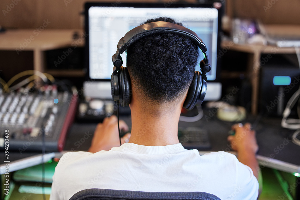 DJ, computer and man in recording studio for music producer with tech ...
