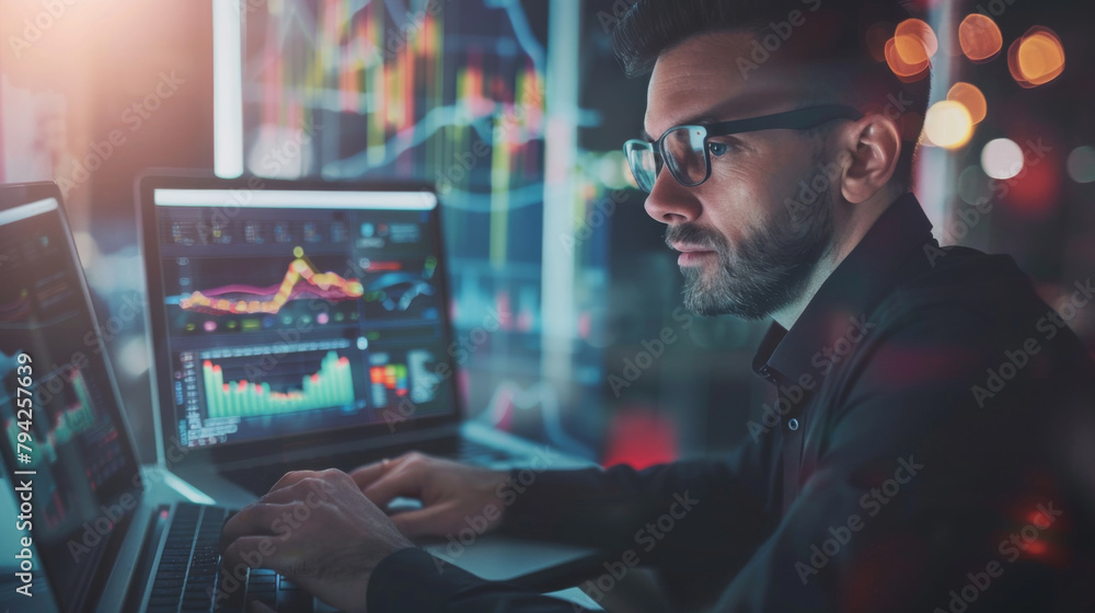 Portrait of trader a laptop reviewing graphs and charts and data ...