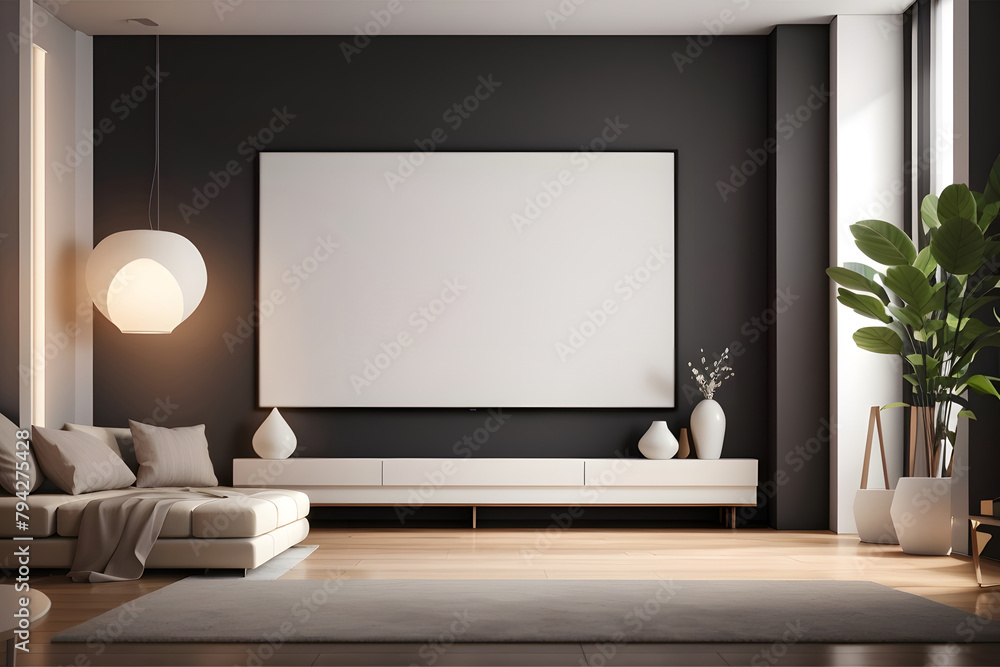 Large white empty screen in a living room interior on an empty dark ...