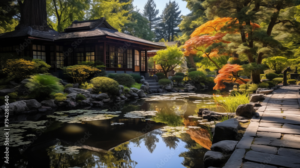 Orient architecture buildinf. Water, forest, park in asian garden ...