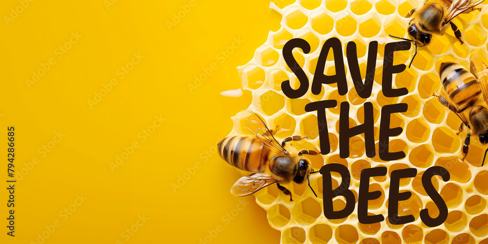 Save the bees honeycomb concept banner including copy space, bee ...