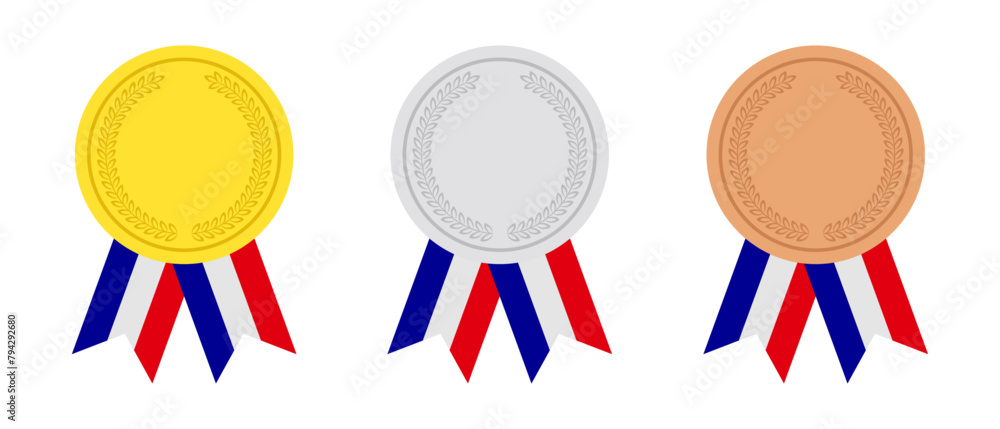 Gold, silver, bronze olympic medals with ribbon in french flag colors ...
