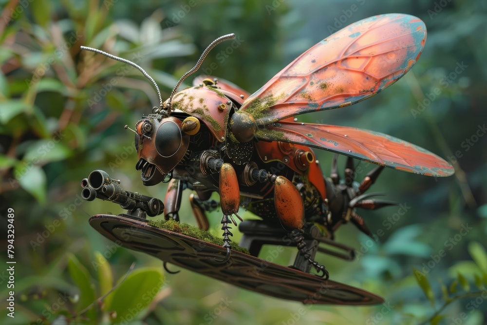 Atop a miniature hoverboard fashioned from a ladybug elytron, the ...