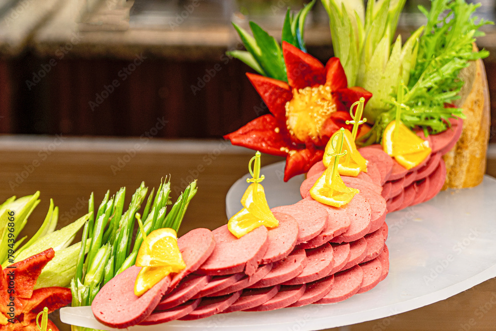 Delicious foods, fruits, cold appetizers and deserts from open buffet ...